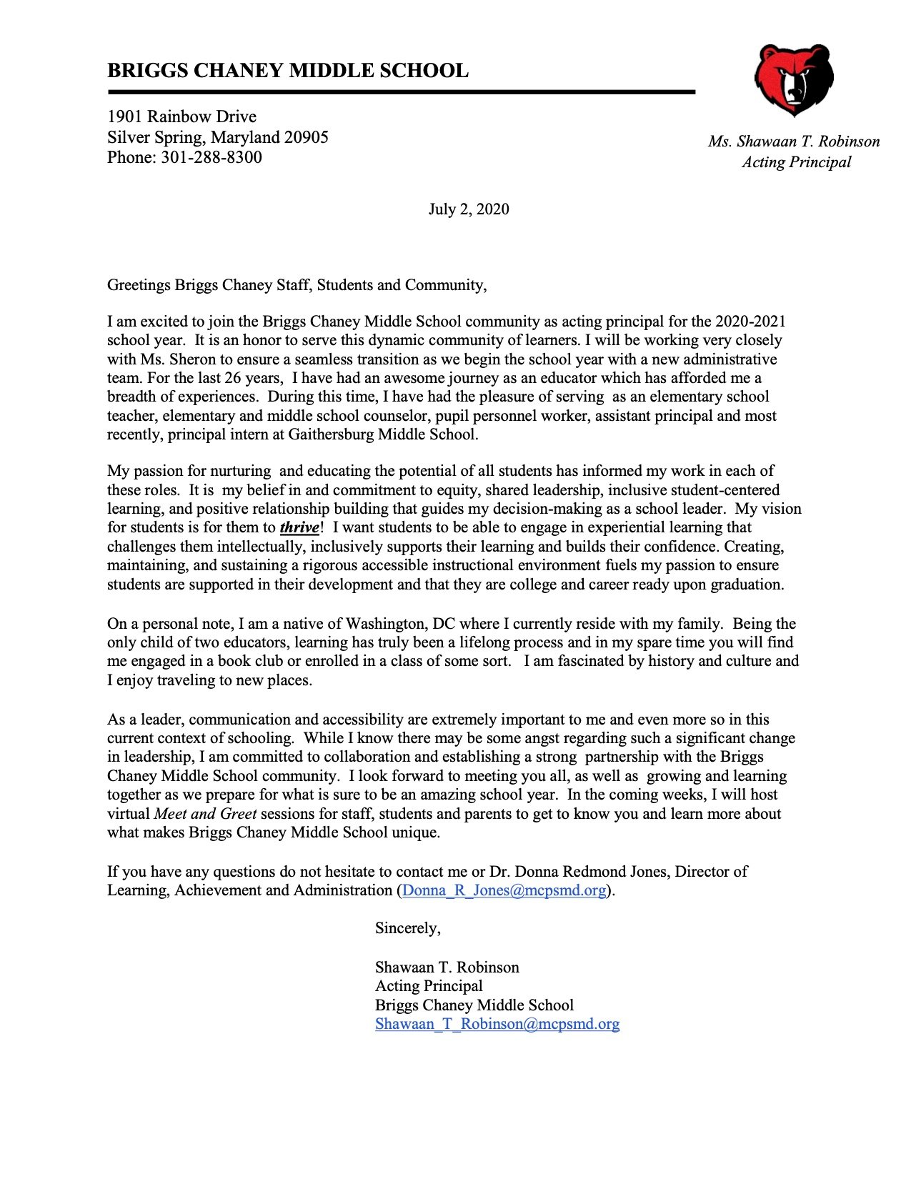 Welcome Letter from Ms. Shawaan Robinson | Briggs Chaney MS