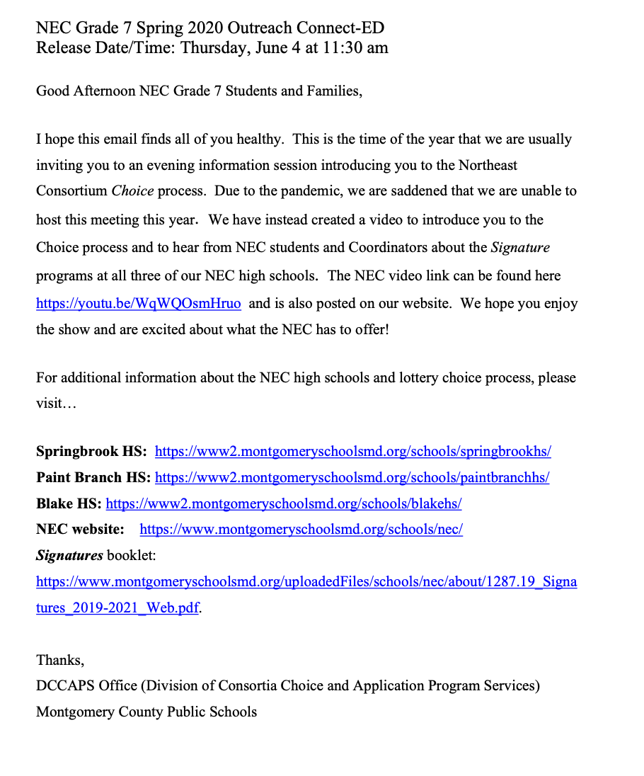 7th Grade NEC Letter and Video | Briggs Chaney MS