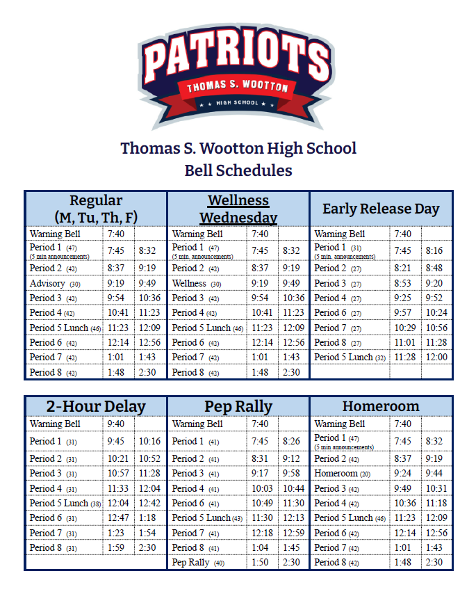 Wootton HS - Bell Schedules | Thomas S. Wootton HS