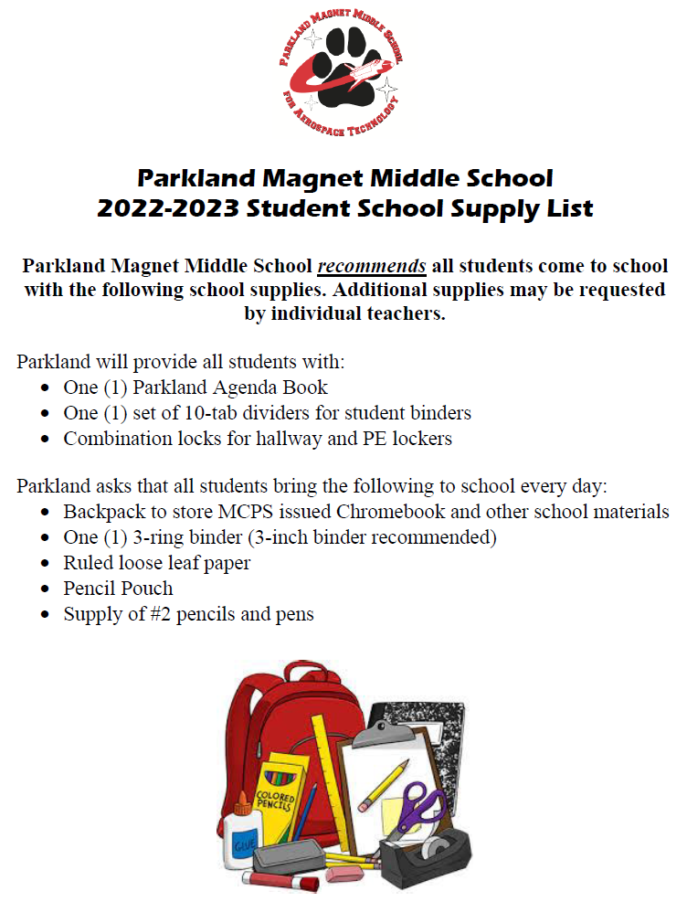 2022-2023 School Supplies List | Parkland MS